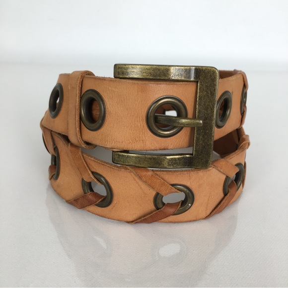 Vintage | Accessories | Vintage Y2k Leather Belt Brass Grommet Circles ...